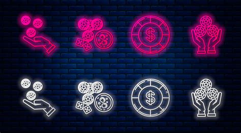 세트 라인 카지노 칩 게임 주사위와 얼음 조각 위스키의 유리 달러 기호 카지노 칩 손 들고 카지노 칩과 손 들고 카지노 칩 벽돌 벽에 빛나는 네온 아이콘입니다 벡터 도박에