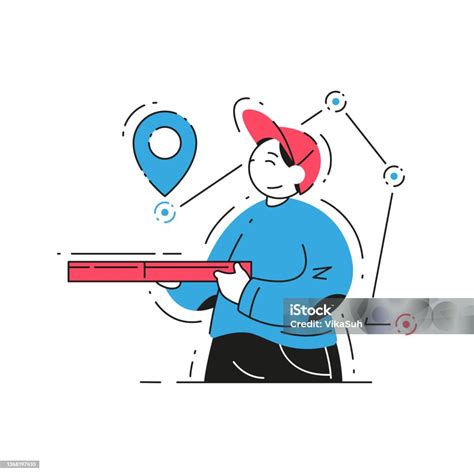 남성 택배 운반 피자 골판지 상자 익스프레스 음식 배달 서비스 지도 핀 위치 벡터 상자에 대한 스톡 벡터 아트 및 기타 이미지