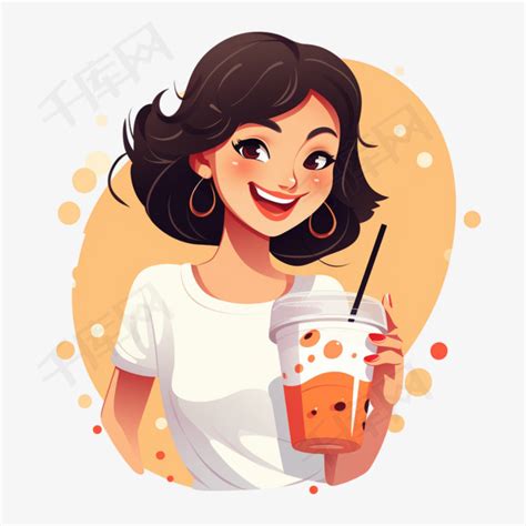 喝泡泡奶茶的快乐女孩卡通艺术插图素材图片免费下载 千库网