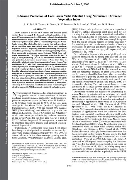 Pdf In Season Prediction Of Corn Grain Yield Potential Using