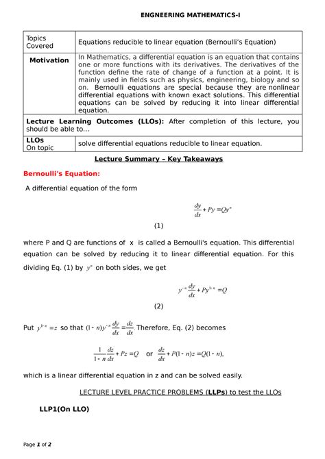Equations Reducible To Linear Equation ENGNEERING MATHEMATICS I Topics Covered Equations