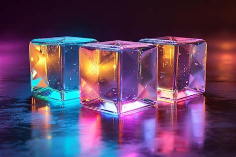 빛나는 크리스탈 유리 큐브는 어두운 배경에 굴절과 홀로그램 효과를 가지고 있으며 투명한 유리 상자는 다채로운 빛의 경사 3d