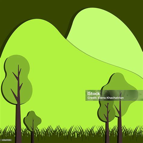 양식화된 풍경은 짙은 녹색 하늘을 배경으로 부드러운 윤곽이 있는 밝은 녹색 언덕 둥글고 무성한 왕관이 있는 나무 그룹 기슭에 양식화된 잔디 패치입니다 3차원 형태에 대한