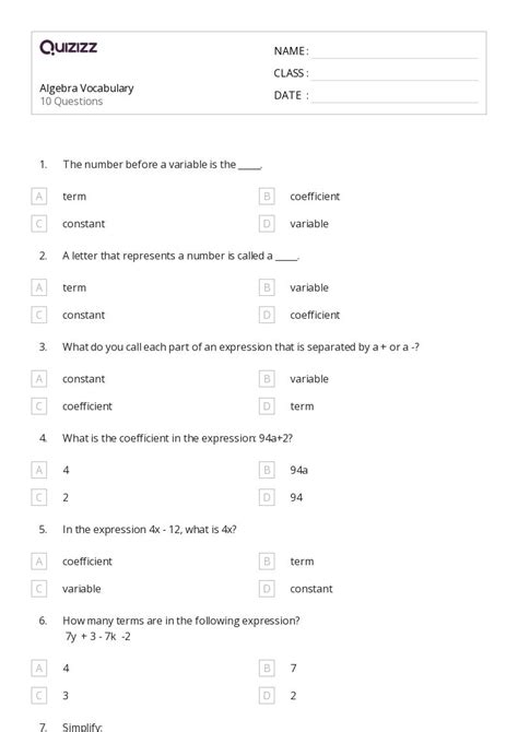 Algebra Vocabulary With Examples