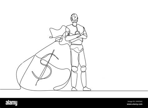 Single Continuous Line Drawing Robots Lean On Full Cash Money Bag Modern Robotics Artificial