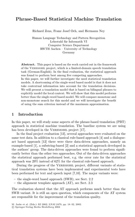 Pdf Phrase Based Statistical Machine Translation