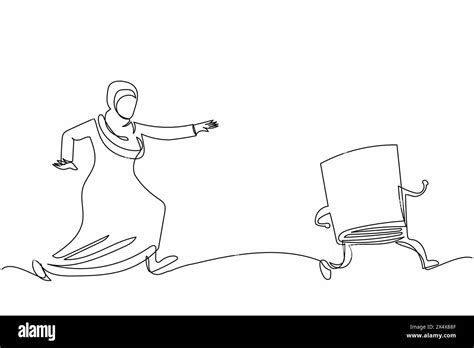 Single Continuous Line Drawing Arab Businesswoman Chasing Textbook Education And Learning