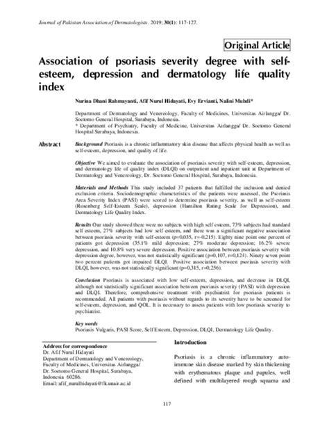 Pdf Association Of Psoriasis Severity Degree With Self Esteem