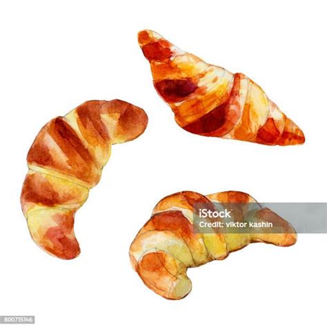 크루아상 손으로 그린 스타일에 수채화 그림을 설정 합니다 수채화에 대한 스톡 벡터 아트 및 기타 이미지 수채화 크루아상 3가지 개체 Istock