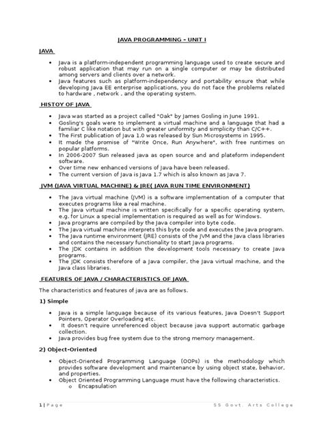 Java Programming Unit I Java Ss Govt Arts College Pdf Java