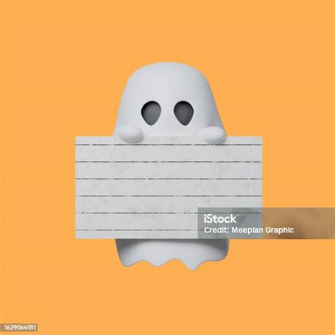 3d 복사 공간이 있는 종이 배너를 들고 있는 으스스한 작은 유령 마케팅 시간 배너 템플릿입니다 3d 렌더링 일러스트레이션 3차원 형태에 대한 스톡 사진 및 기타 이미지