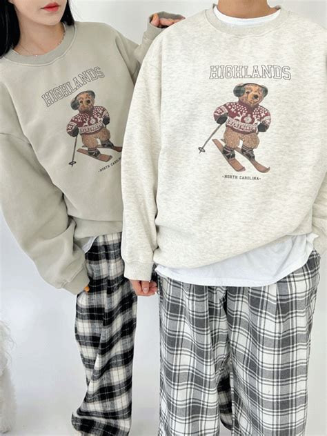 남녀공용 양기모 스키 테디 곰돌이 오버핏 커플 맨투맨 3color