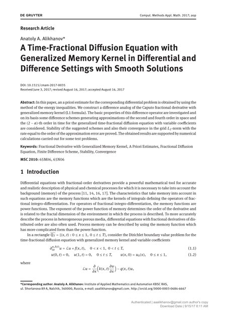 Pdf A Time Fractional Diffusion Equation With Generalized Memory