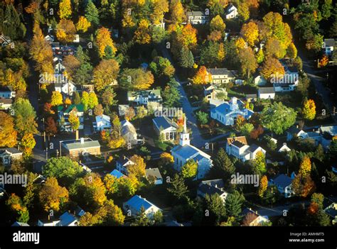 Aerial View Of Morrisville Vt In Autumn On Scenic Route 100 At Sunset