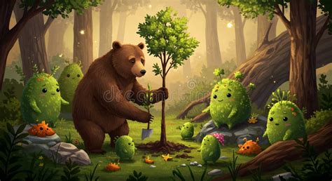 Whimsical Bear And Forest Spirits Planting A Tree Stock Illustration