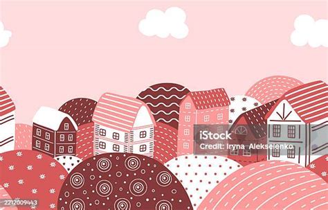 여름 추상 마을 양식화 된 집 들판 구름과의 완벽한 테두리 손으로 그린 집 배경 레드 핑크 브라운 화이트의 패치워크 템플릿 1920년대 아가씨에 대한 스톡 벡터 아트 및