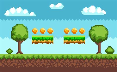 Pixel Game Background With Coins Flying In Sky Pixel Art Game Scene With Green Grass And Tall