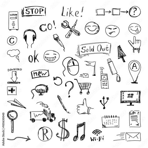 Vector set of hand drawn icons and design elements. Sketch style isolated on white background ...