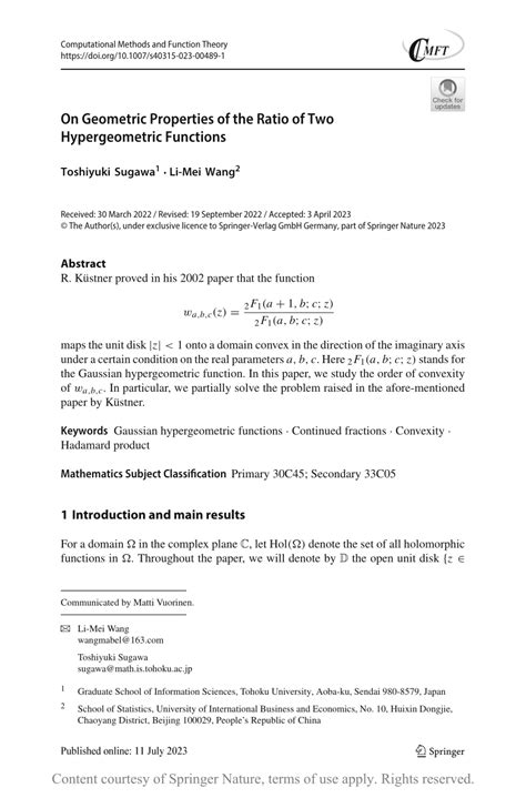 On Geometric Properties Of The Ratio Of Two Hypergeometric Functions Request Pdf