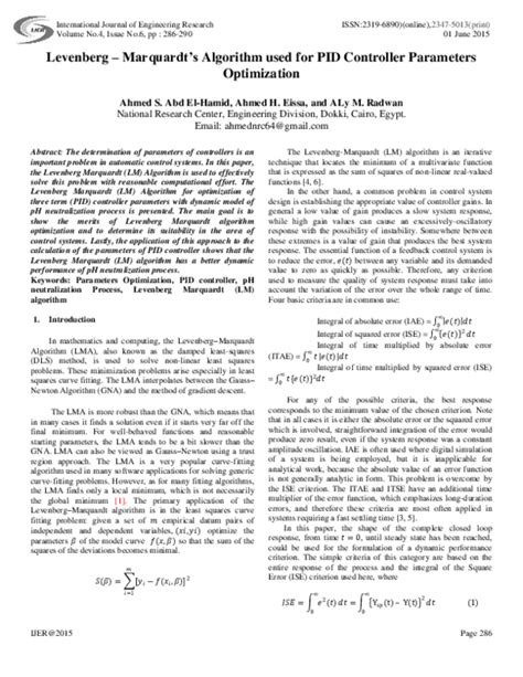 Pdf Levenberg Marquardts Algorithm Used For Pid Controller Parameters Optimization