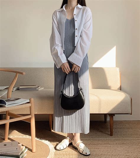 룩코디set 시럽 시스루 여름 크롭 셔츠 남방 프레첼 플리츠 뷔스티에 나시 롱원피스 여름 투피스