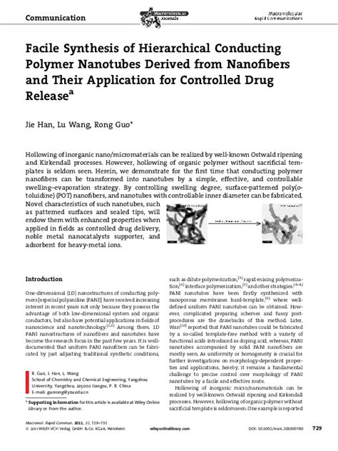 Pdf Synthesis Of Conducting Polymer Nanotubes For Drug Release
