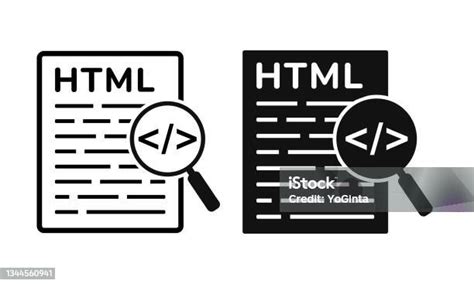 돋보기와 Html 파일 형식 Html 문서입니다 Html 코드를 찾습니다 아이콘에 대한 스톡 벡터 아트 및 기타 이미지