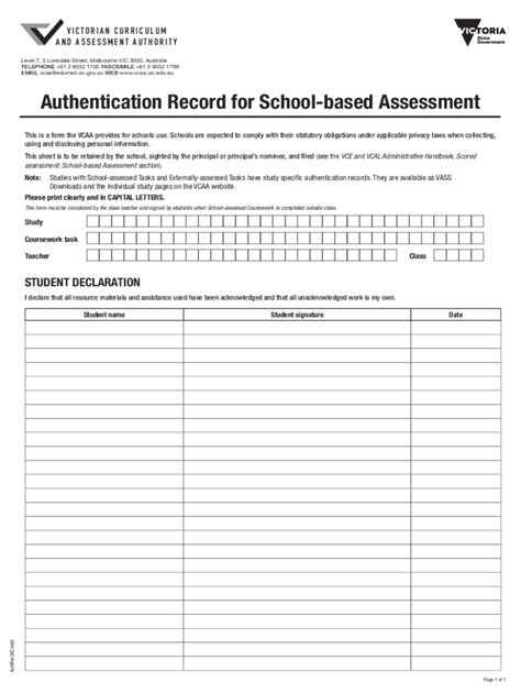 Fillable Online Authentication Record For School Based Assessment