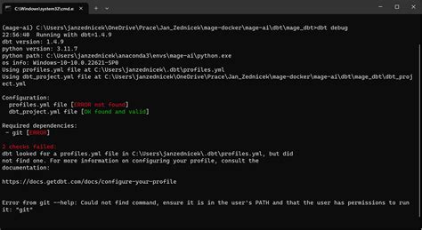 etl dbt debug configuration and testing of sql server database