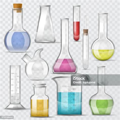 시험 관 벡터 화학 유리 시험관 과학적인 연구 또는 실험 그림 화학 세트 유리 또는 투명 한 배경에 고립 된 플라스 크의 액체로 가득 비커에 대한 스톡 벡터 아트 및 기타
