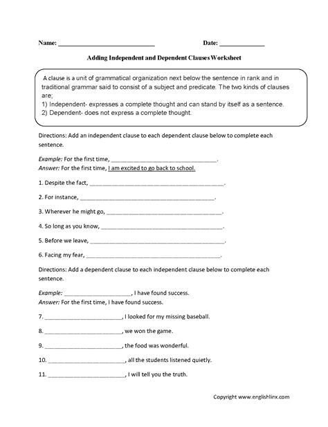 Clauses Worksheets Dependent Clause Dependent And Independent Clauses