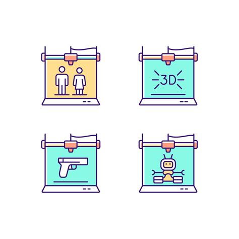 Produce 3d Models Rgb Color Icons Set Three Dimensional Object Fabrication Weapon Manufacture