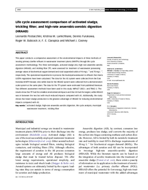 Pdf Life Cycle Assessment Comparison Of Activated Sludge Trickling