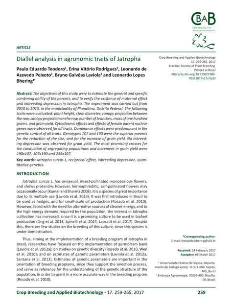 Pdf Diallel Analysis In Agronomic Traits Of Jatropha