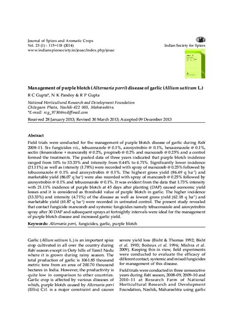 Pdf Management Of Purple Blotch Alternaria Porri Disease Of