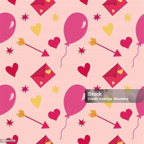 발룬 붉은 하트 별 화살 파스텔 장미 배경에 대한 러브 레터가 있는 벡터 색무늬 발렌타인 데이 또는 생일을위한 귀여운 디자인 2