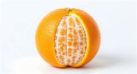 Close Up Of A Partially Peeled Orange With Segments Visible On White