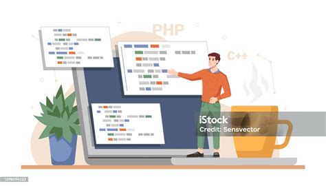 프로젝트 프레젠테이션 준비 사이트에서 작업하는 웹 개발자 랩톱과 컴퓨터를 사용하여 프로그래밍 및 코딩 기술 개선 및 혁신 만화 캐릭터 플랫 스타일의 벡터 Java 프로그래밍