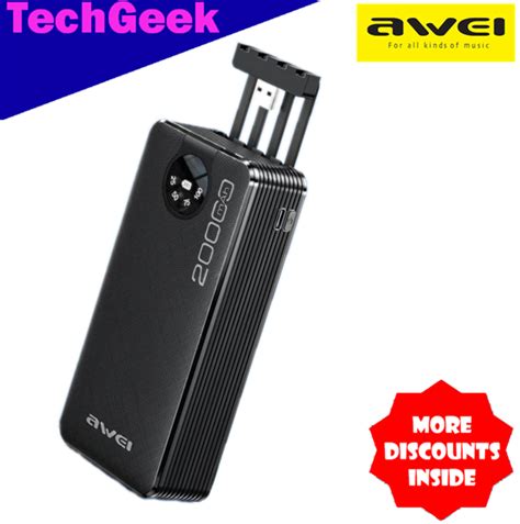 Tg Awei P134k Lcd Display 20000mah 4 In 1 Built In Cable Power Bank For Micro Lightning Type C