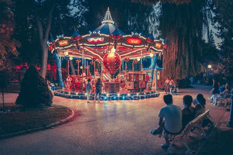 Merry Go Round Illuminated Carousel In Green Park At Night — Fair