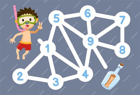 아이들을 위한 미로 숫자는 다이버가 병으로 이동하는 것을 도와줍니다 인쇄 가능한 수중 워크 프리미엄 벡터