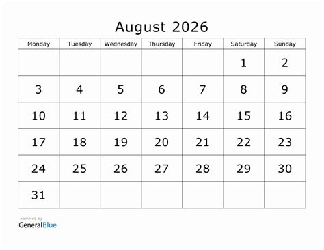 Printable August 2026 Calendar Monday Start