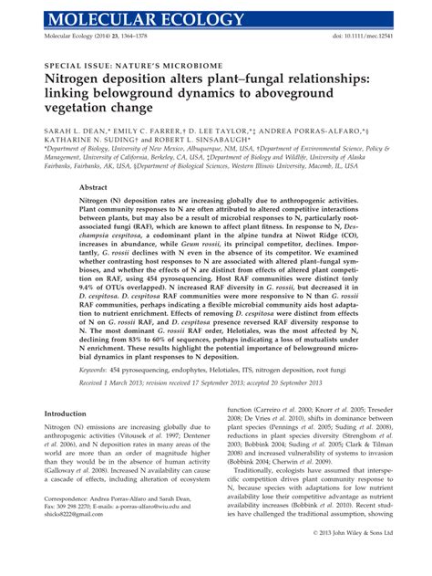 Pdf Nitrogen Deposition Alters Plant Fungal Relationships Linking Belowground Dynamics To