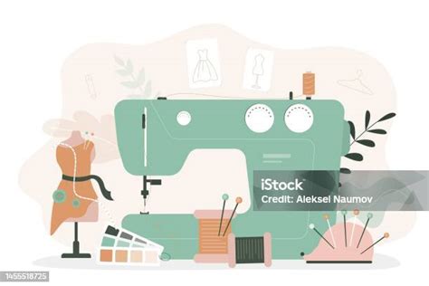 재봉틀 마네킹 스케치 핀쿠션 실 패션 디자인 양재 재봉 작업장 또는 코스 재봉 개념 아틀리에 스튜디오 패션 산업 바느질하기에 대한 스톡 벡터 아트 및 기타 이미지 Istock