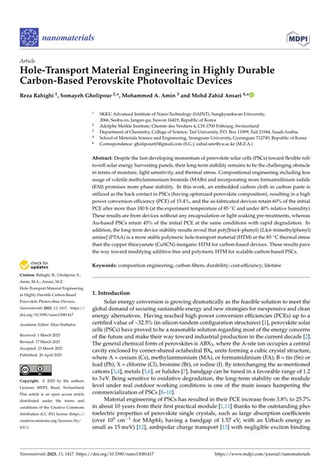 Pdf Hole Transport Material Engineering In Highly Durable Carbon Based Perovskite Photovoltaic