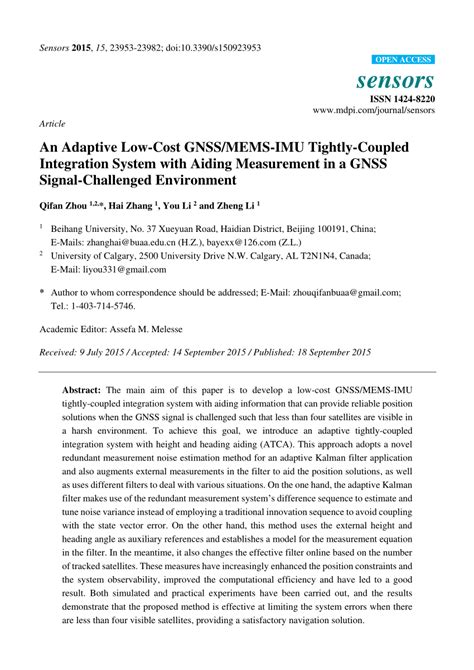 Pdf An Adaptive Low Cost Gnssmems Imu Tightly Coupled Integration