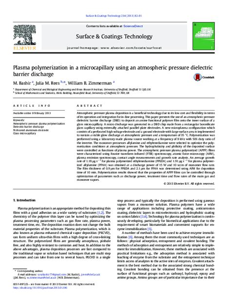 Pdf Plasma Polymerization In A Microcapillary Using An Atmospheric