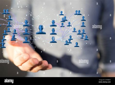3d rendering of networking icons floating in the air with a hand
