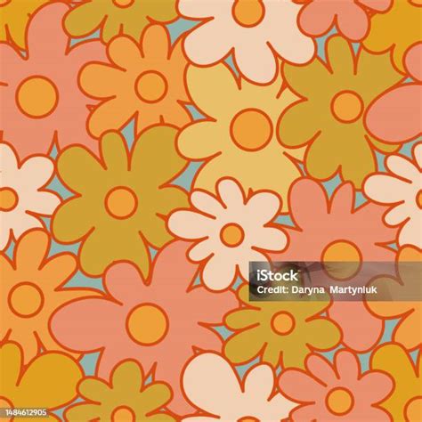 70년대 복고풍 이음매 없는 패턴과 양식화된 꽃 60년대와 70년대 복고풍 스타일과 미학 화려한 복고풍 디자인 원활한 꽃 빈티지 배경 벡터 그림 0명에 대한 스톡 벡터 아트