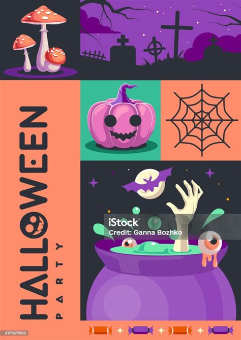 플라이 Agaric 보름달 박쥐 할로윈 호박 마법 물약 및 묘지와 함께 할로윈 플랫 파티 포스터 할로윈 유령 배경입니다 벡터